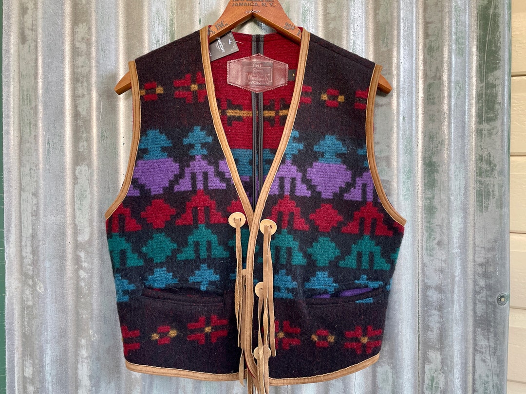 Vintage 1980s Aztec Wool Vest – Leather Trim, Size S - Etsy