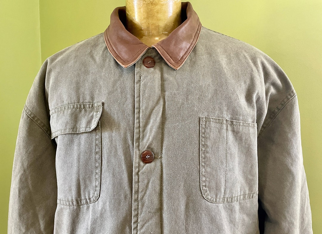 1990's Vintage Cotton Jacket Soft Khaki Leather Detail Sz XL - OOAK - Etsy