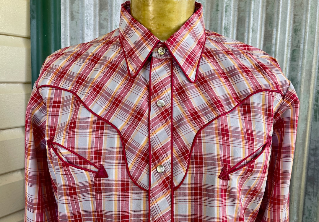 1970's Vintage Red Yellow Check Western L/S Shirt Sz L - OOAK - Etsy