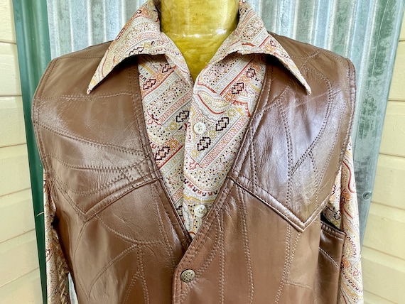 1970s Vintage Leather Patchwork Vest Brown Sz XXL - O… - Gem