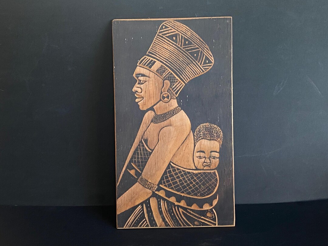 Vintage African Hand Crafted Wooden Carved Burned Art Picture Woman and ...