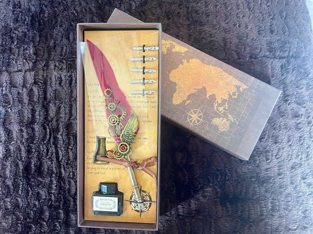 Steampunk Boxed Calligraphy Set Feathered Pen With Nibs, Stand and ...