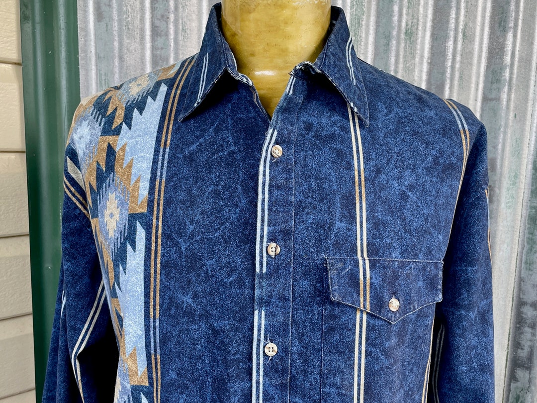 1990's Vintage Western Aztec Blue White Stripe L/S Shirt Sz L - OOAK - Etsy