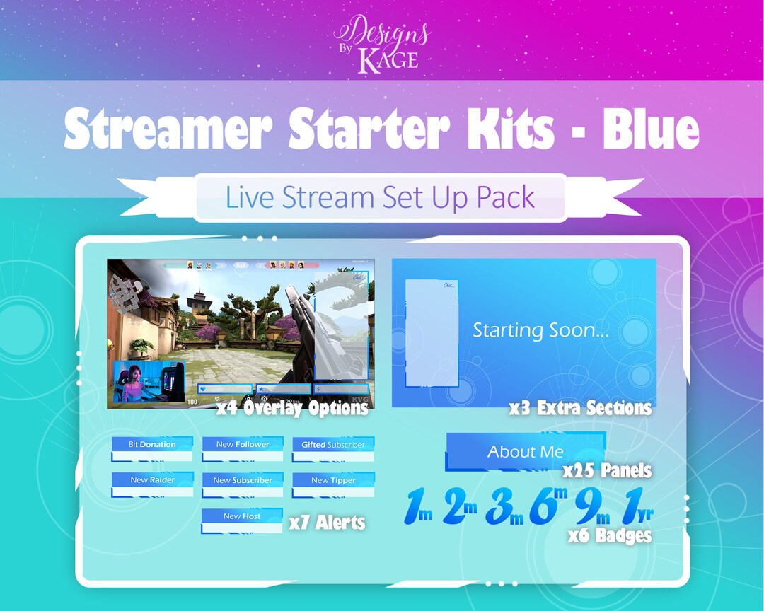 Streamer Starter Kits Blue X7 Overlays X7 Stream Alerts X6 Sub Badges ...