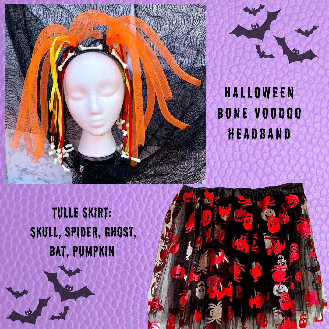 Halloween Voodoo Witch Bone Headband With Black Tulle Skull Skirt, Red ...
