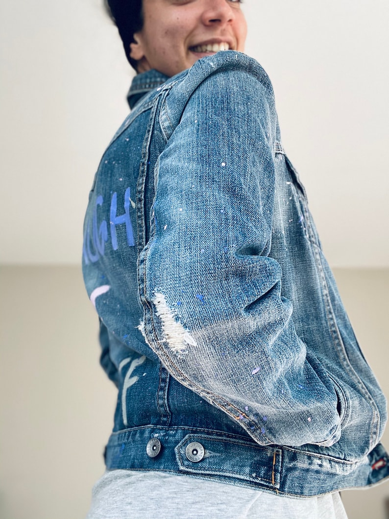 Custom Hand Painted Jacket Purple/pink Paint Upcycled Medium Wash Denim ...