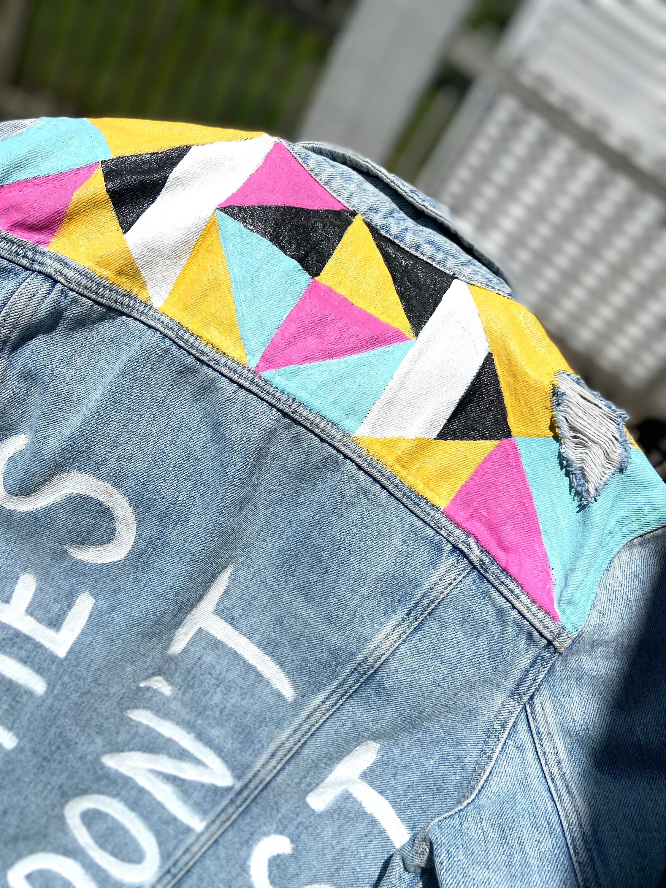Geometric Design Jacket Hand Painted Denim Acid Wash Upcycled Denim ...