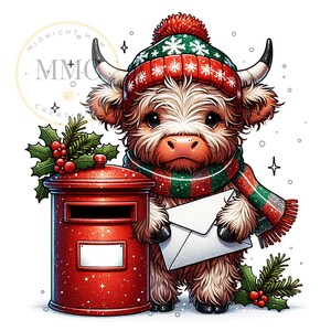Christmas Highland Cow PNG, Christmas Postie Highland Cow, Postman Heifer Cow, Postie Christmas ...