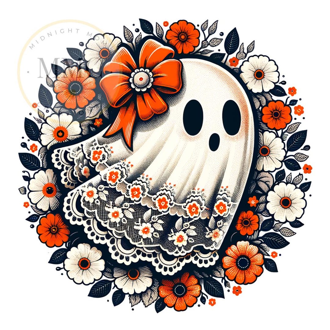 Halloween Lace Ghost PNG, Spooky Coquette Png, Orange Bow Png, Lacey ...