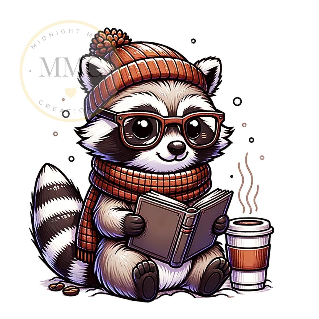 Winter Raccoon PNG, Raccoon Reading Book, Christmas Raccoon PNG, Winter ...