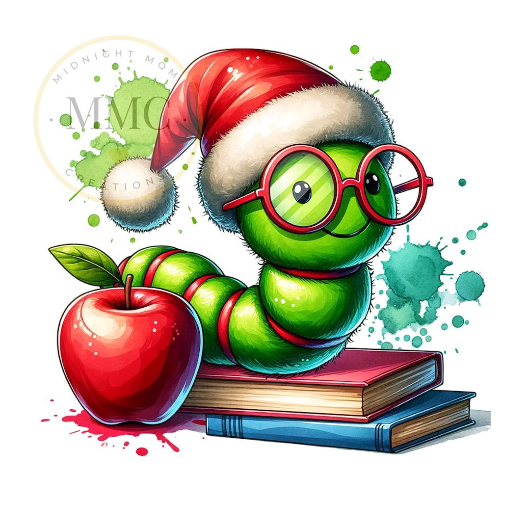 Christmas Bookworm PNG, Apple Png, Christmas Books, Merry Christmas ...