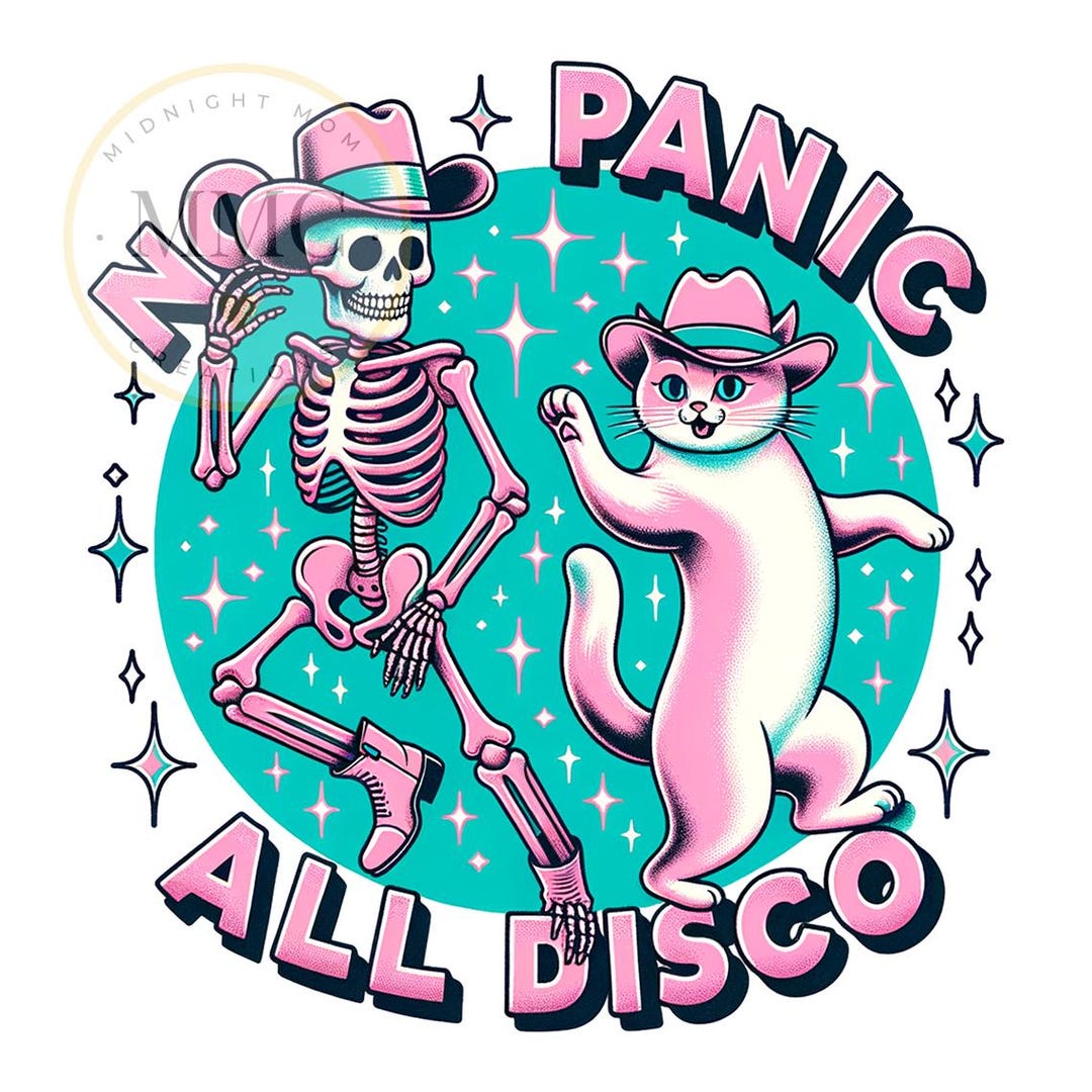 No Panic All Disco PNG, Funny Skeleton, Disco Cat, Retro Groovy, T ...