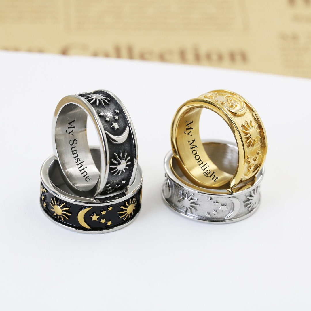 Personalized Sun Moon Star Ring, Custom Engraved Stainless Steel Ring ...