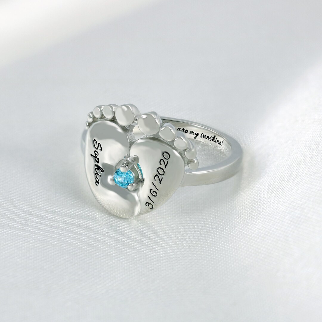 Mothers Ring, Custom Baby Footprint Ring, Personalized Birthstone Rings ...