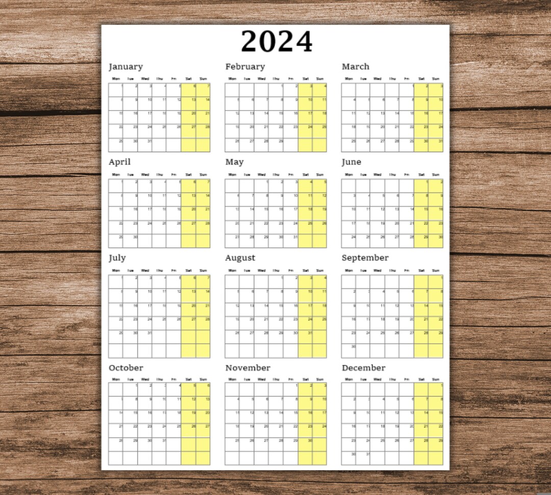 2024 Annual/year Calendar monday Start Digital PDF Printable Instant ...