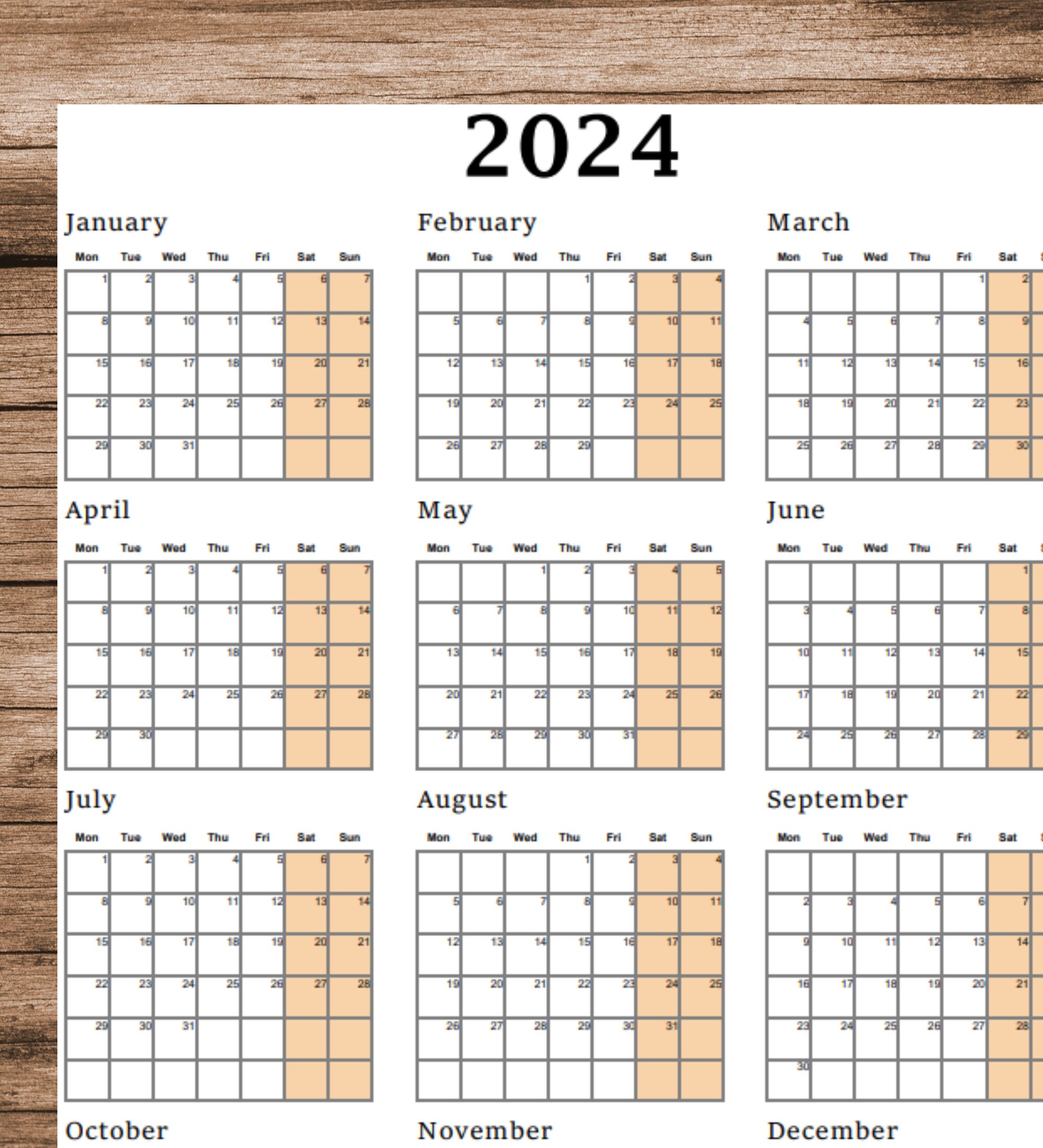 2024 Annual/year Calendar monday Start Digital PDF Printable Instant ...