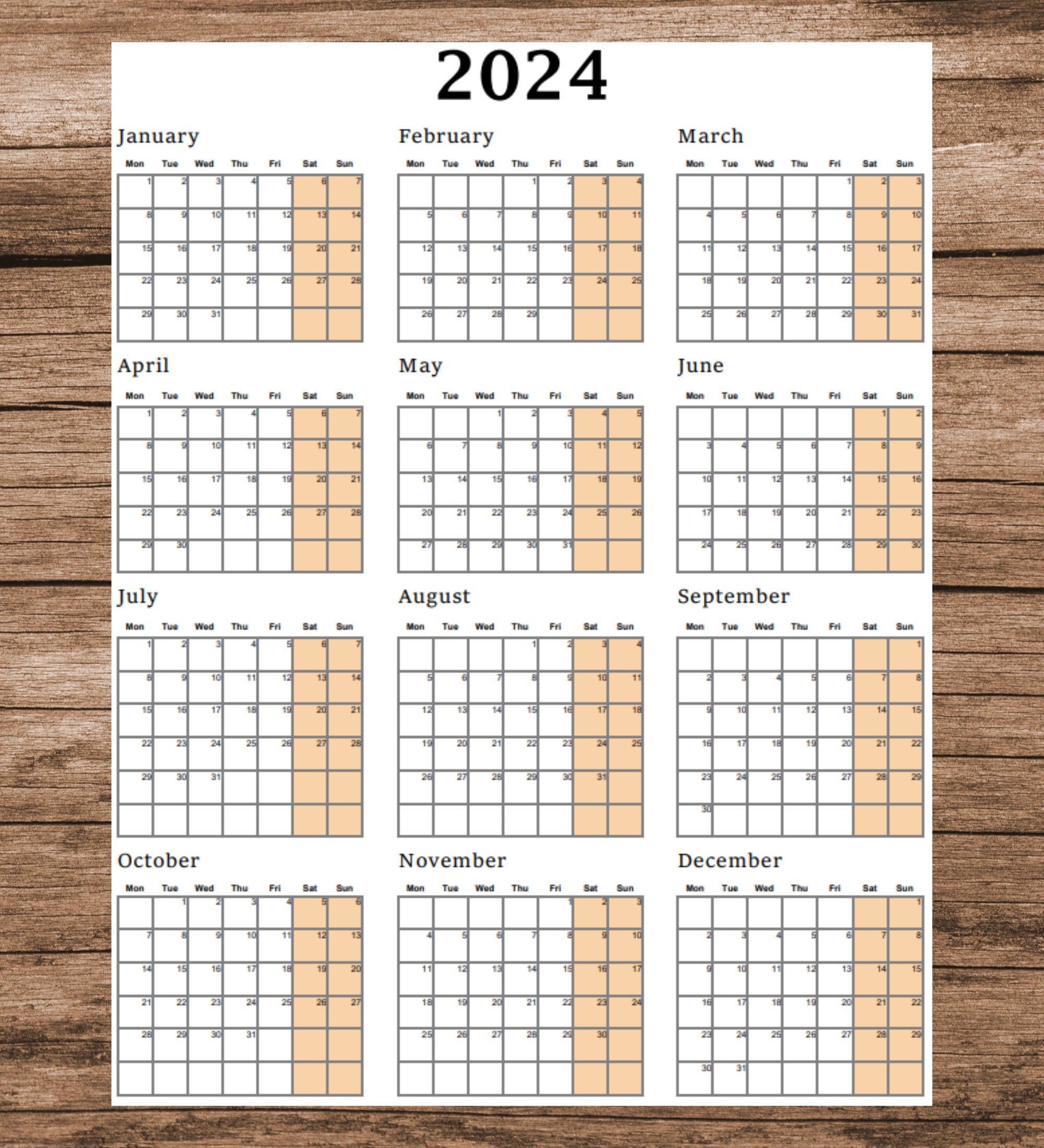 2024 Annual/year Calendar monday Start Digital PDF Printable Instant ...