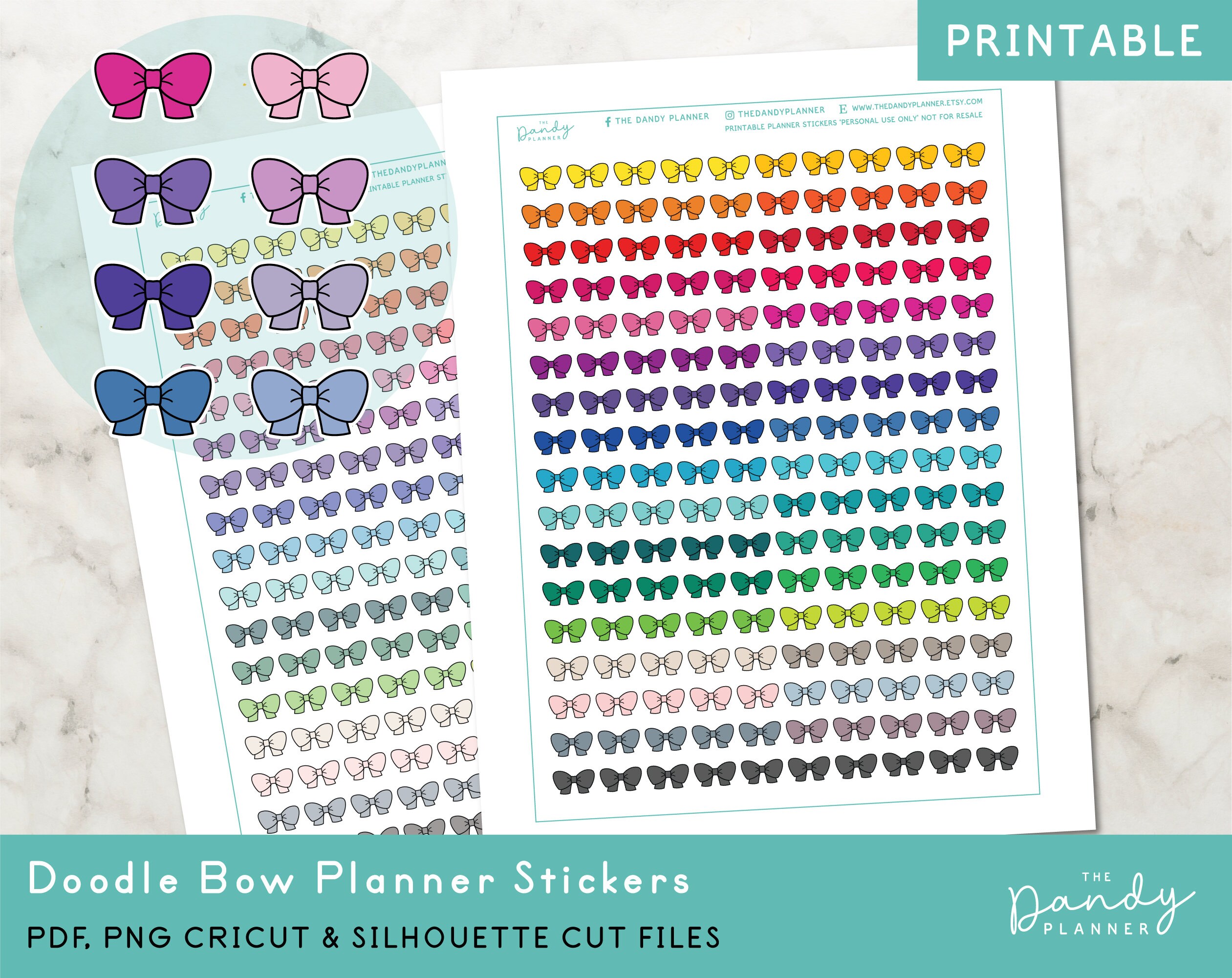 Doodle Bow Planner Stickers Printable, Pastel & Bright Bow Planner ...