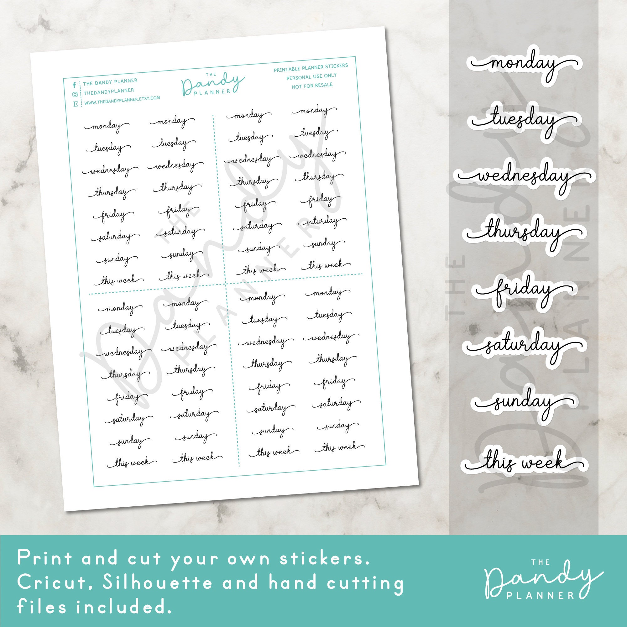 Days of the Week Script Planner Stickers Printable Script | Etsy