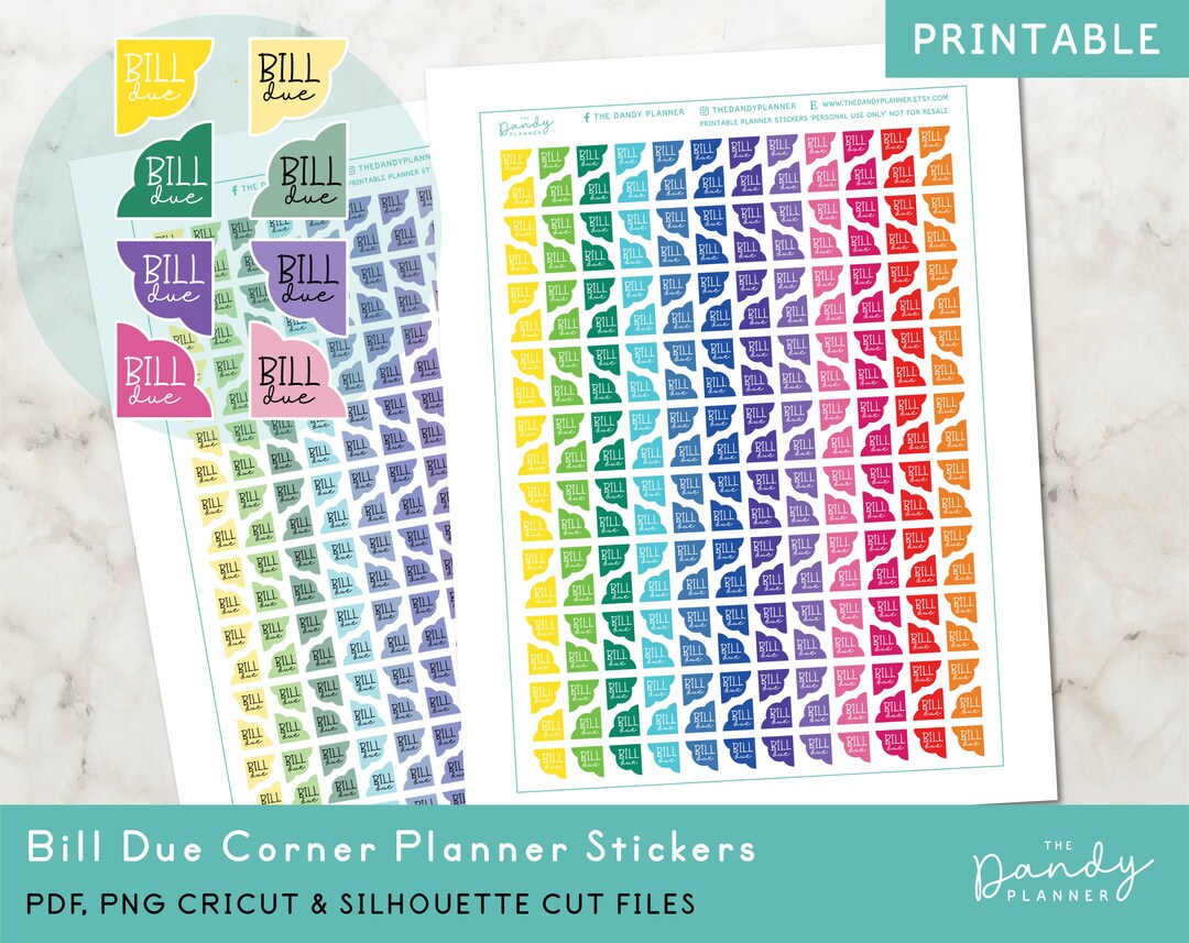 Bill Due Corner Stickers, Printable Planner Stickers, Cricut and ...