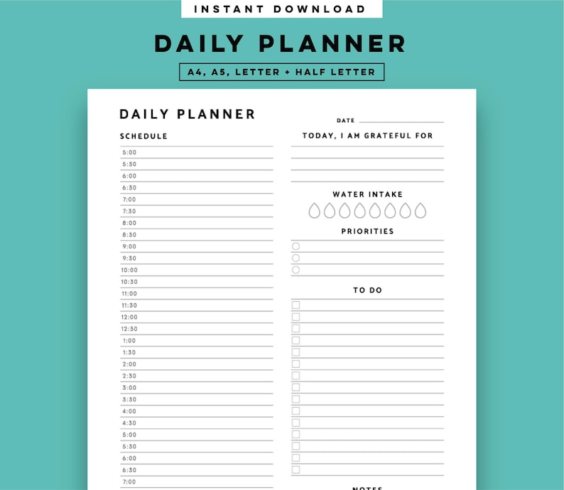 Daily Planner Printable: Gratitude & Water Log - A4/a5/letter Sizes ...