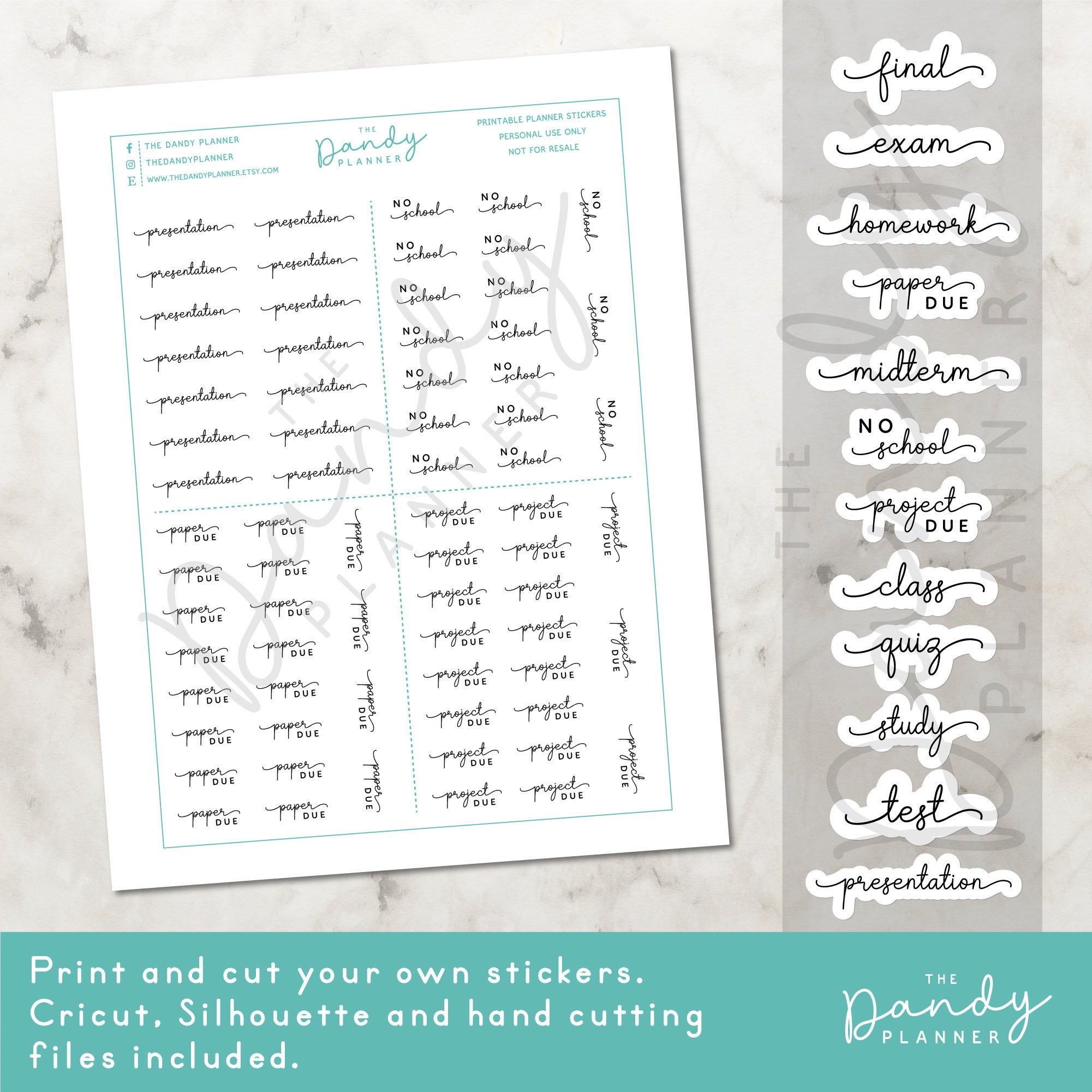 School Planner Stickers Printable, Script Planner Stickers, Planner ...