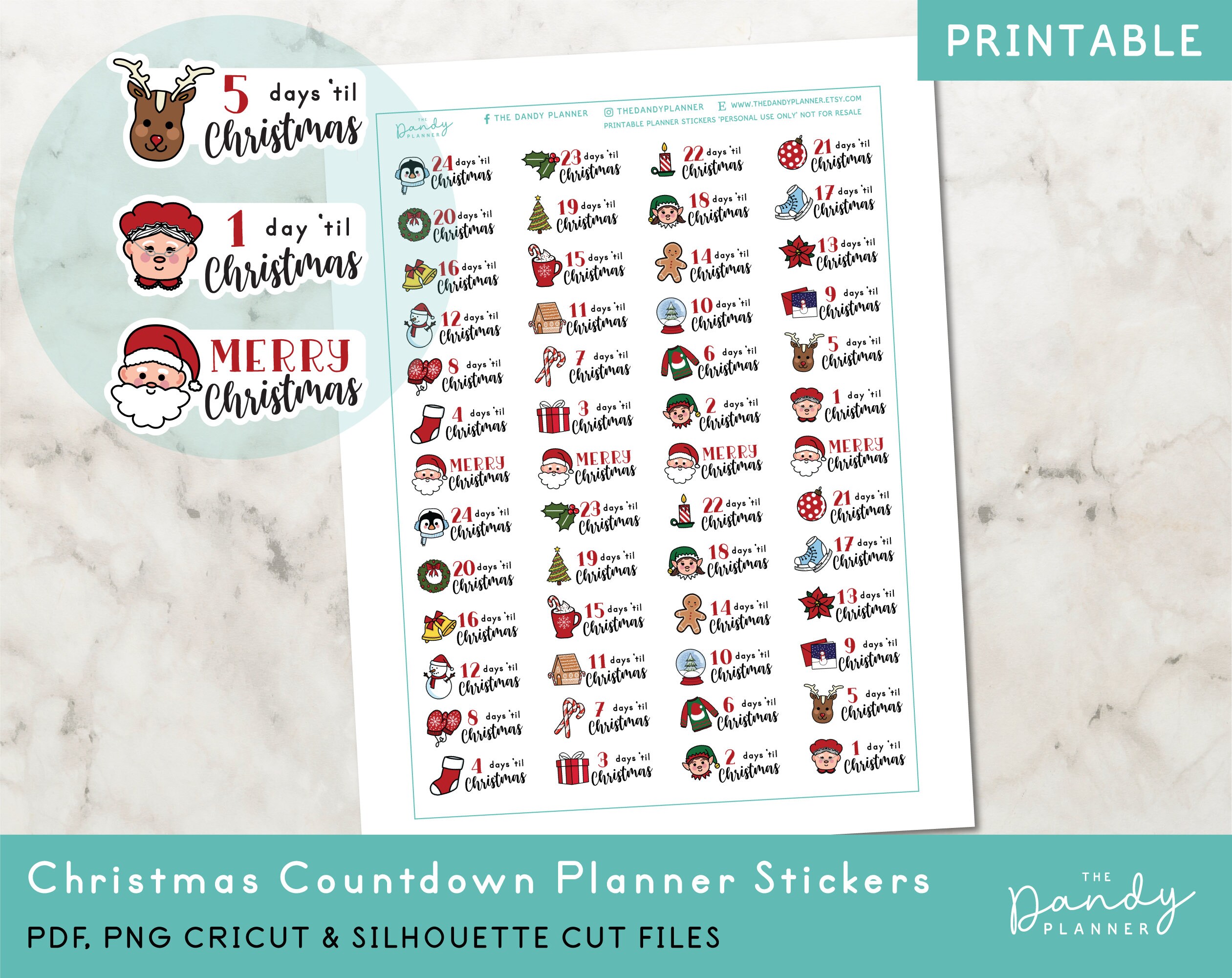 Christmas Countdown Doodle Icons Planner Stickers Printable, Christmas ...