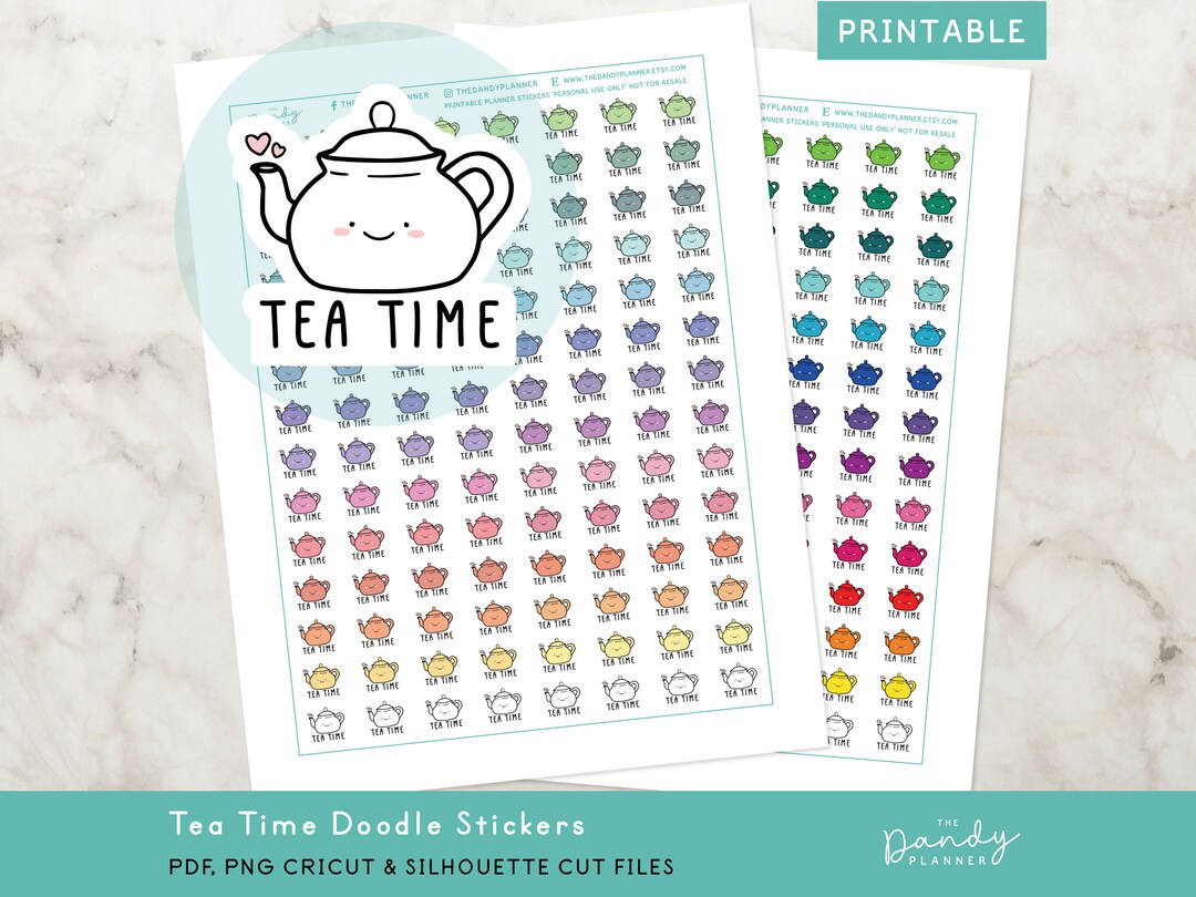 Kawaii Tea Time Stickers Printable, Tea Pot Icon Stickers, DIY Printable Sticker, Tea Time Break ...