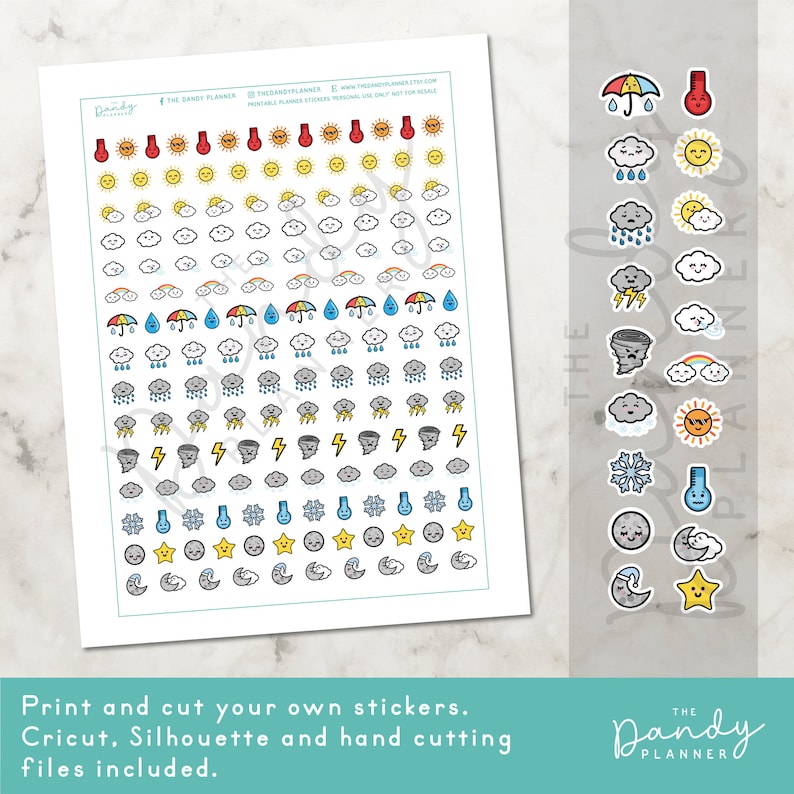 Kawaii Weather Icon Planner Stickers: Doodle Style (PDF, PNG, Cricut ...