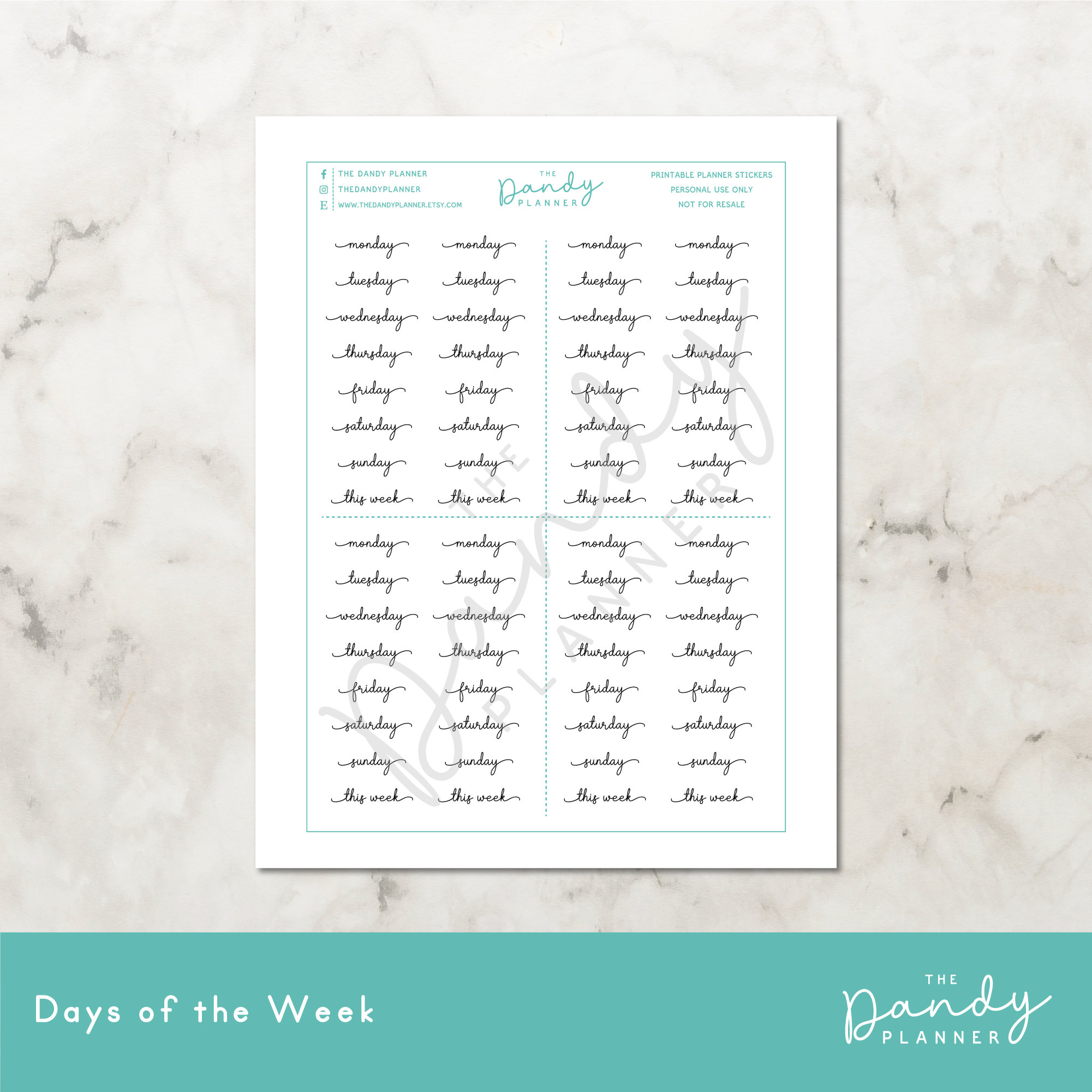 Days of the Week Script Planner Stickers Printable Script | Etsy