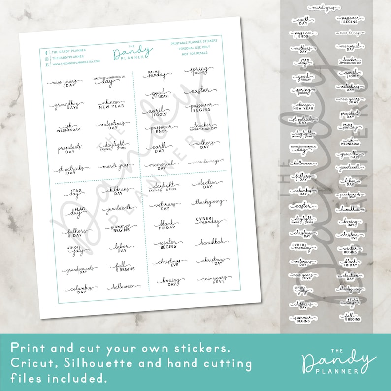US Holiday Script Planner Stickers: Printable PDF, Cricut, Silhouette ...
