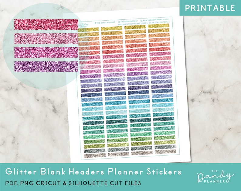 Rainbow Glitter Planner Stickers: Blank Header Printable (PDF, PNG ...