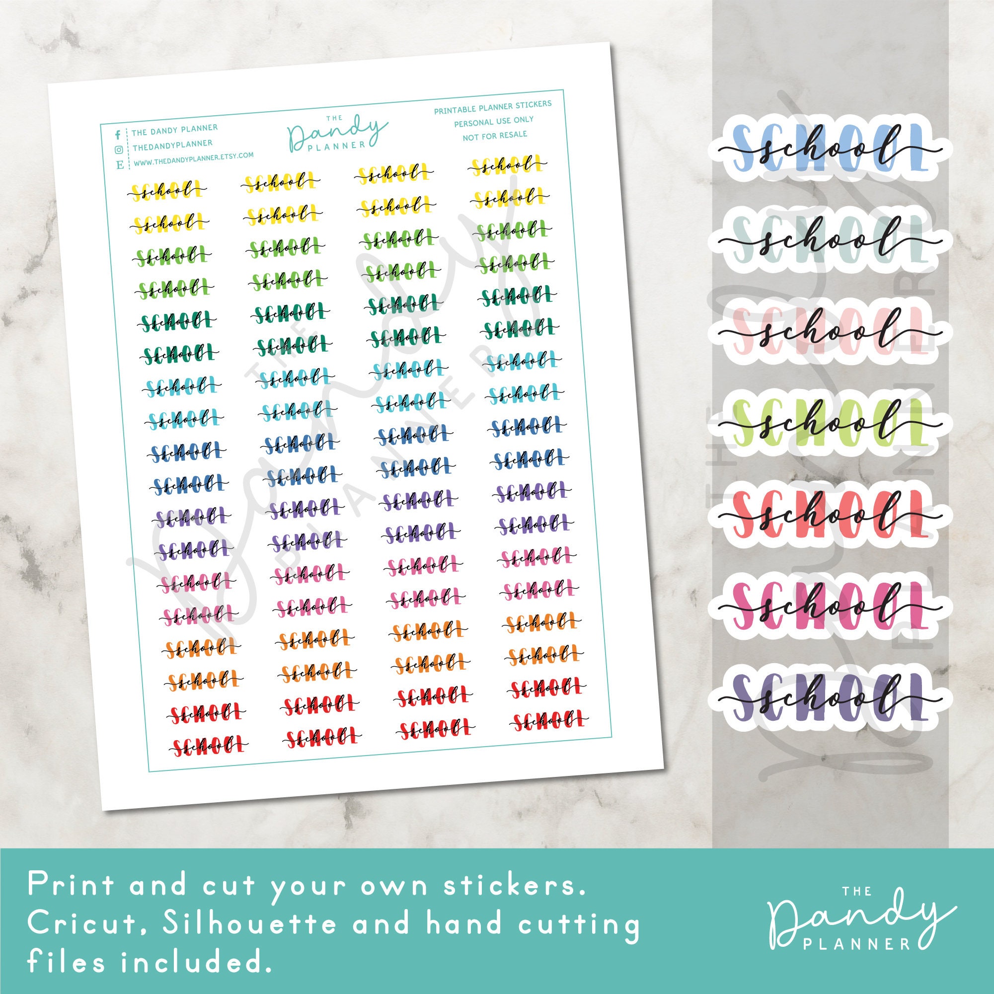 School Script Planner Stickers Printable, Rainbow Script School Planner ...