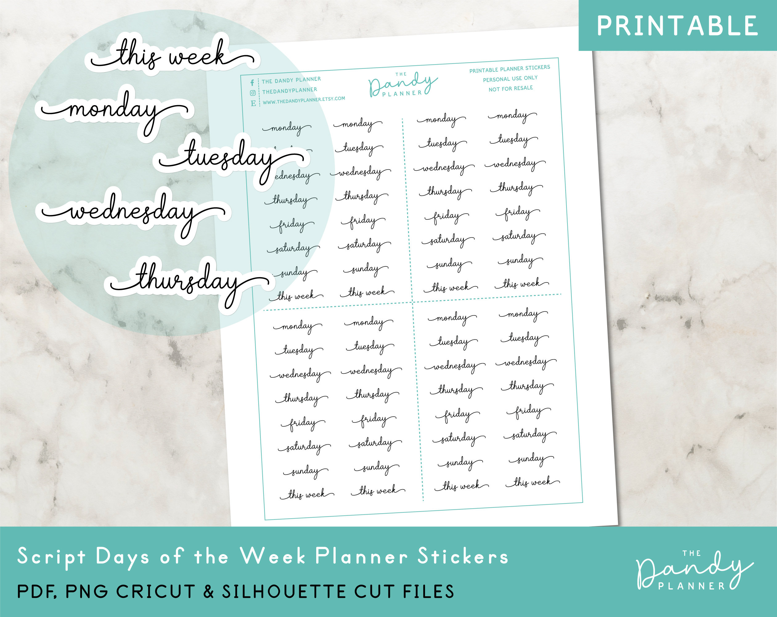 Days of the Week Script Planner Stickers Printable Script | Etsy
