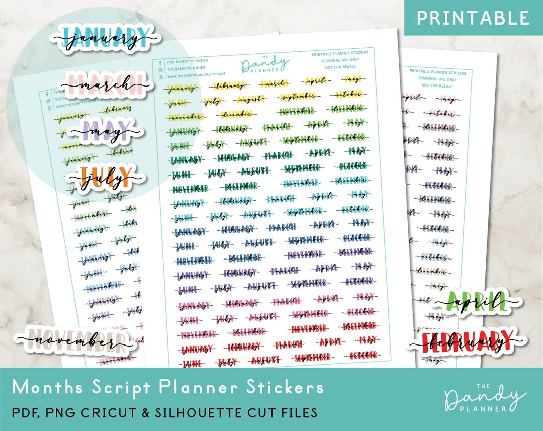 Months Script Planner Stickers Printable, Pastel Script Months of the ...