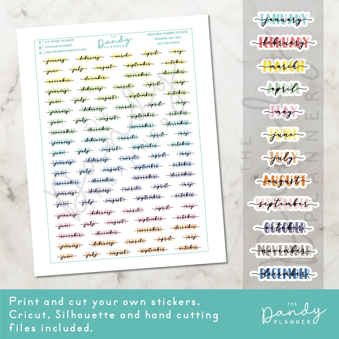 Months Script Planner Stickers Printable, Pastel Script Months of the ...