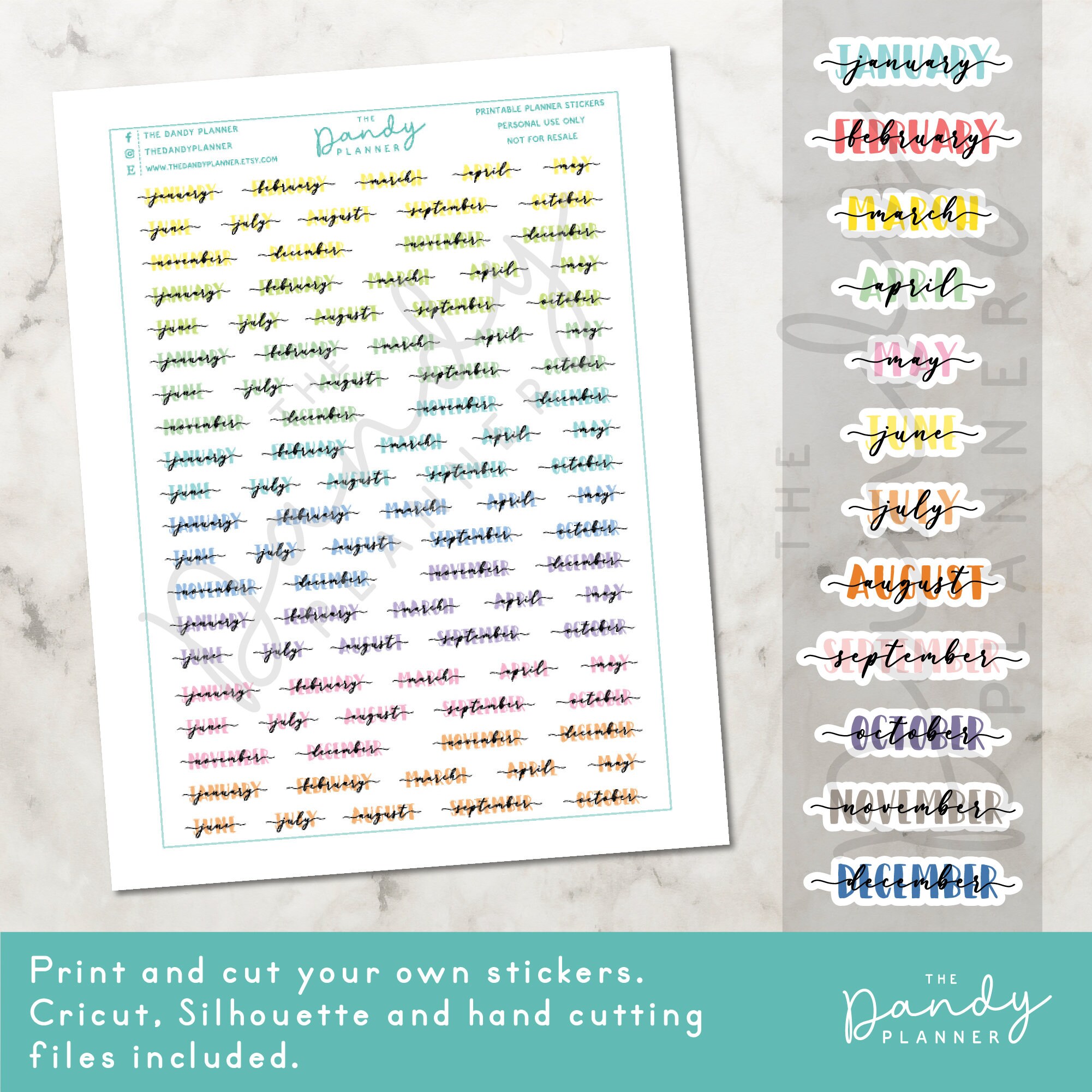 Months Script Planner Stickers Printable, Pastel Script Months of the ...