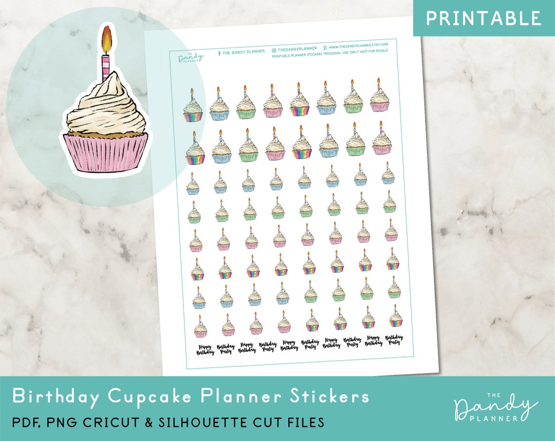 Birthday Cupcake Stickers Printable, Birthday Planner Stickers, Hand ...