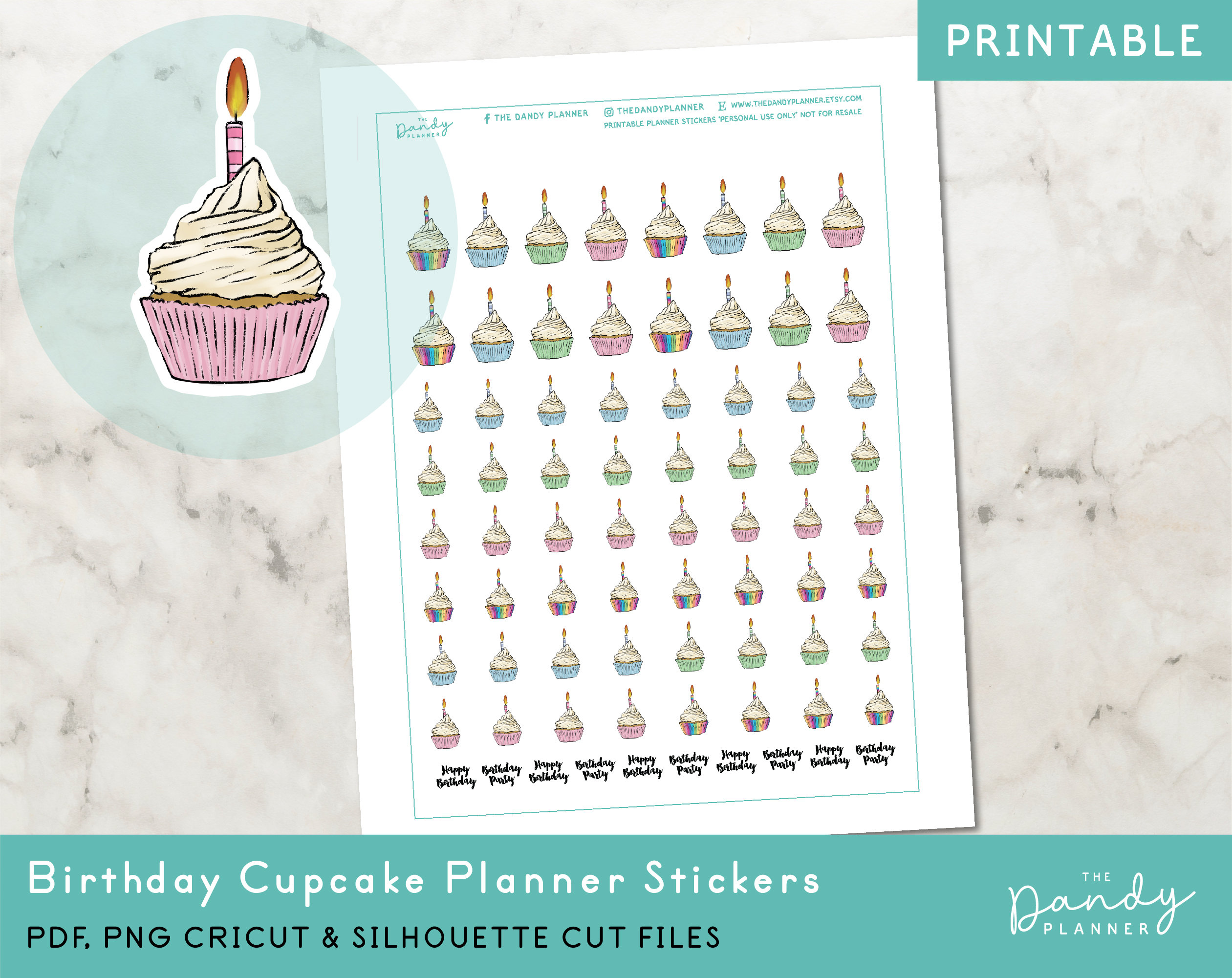 Birthday Cupcake Stickers Printable, Birthday Planner Stickers, Hand ...