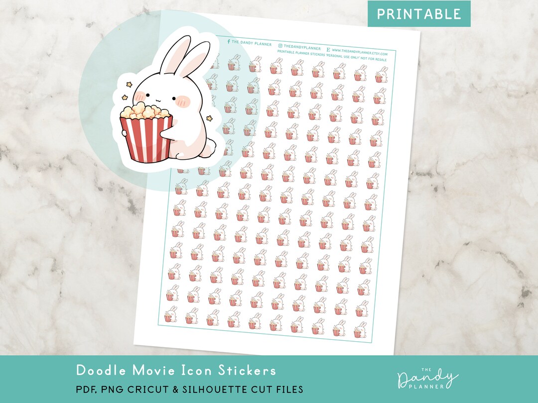 Movie Icon Planner Stickers Printable, Kawaii Bunny Popcorn Stickers ...