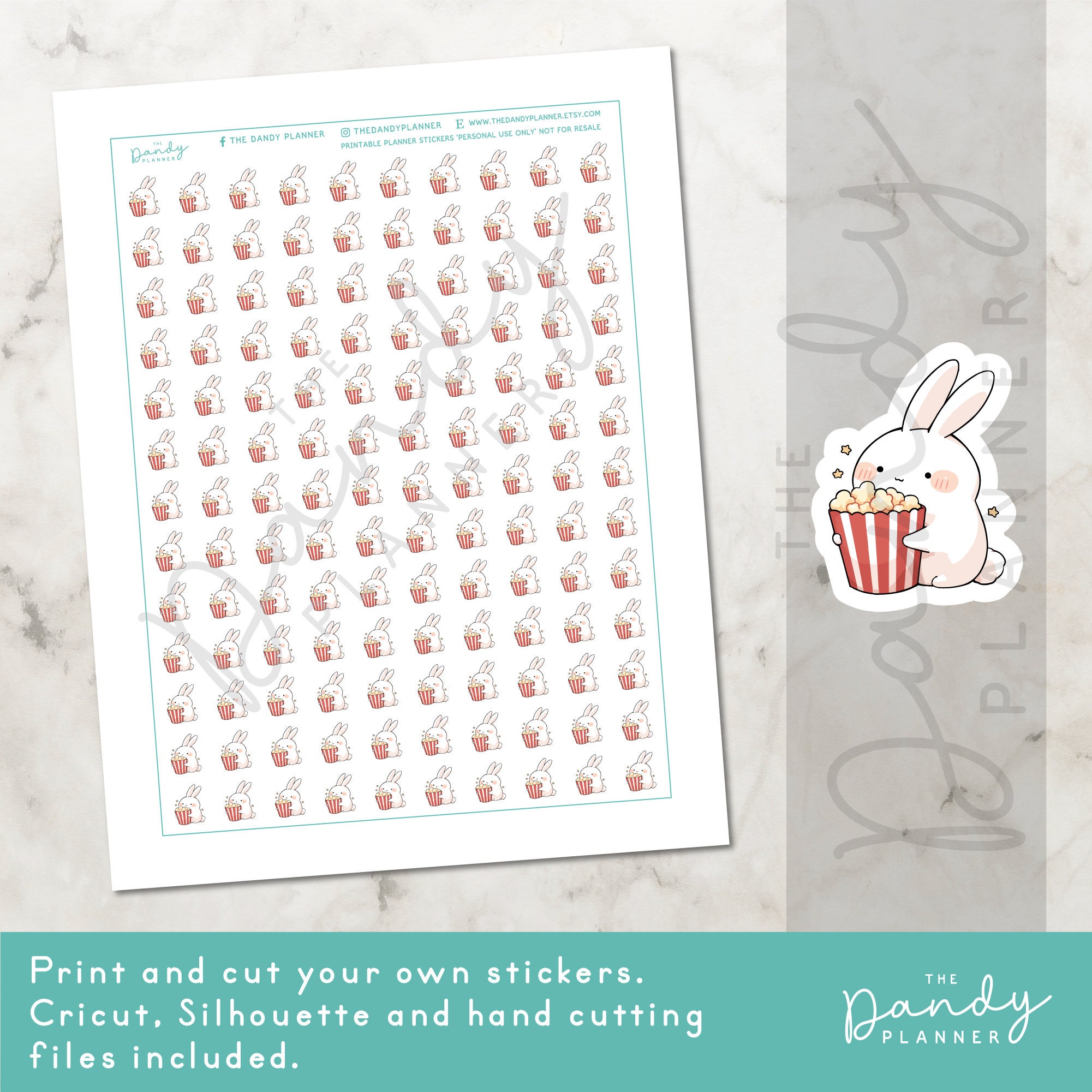 Movie Icon Planner Stickers Printable, Kawaii Bunny Popcorn Stickers ...