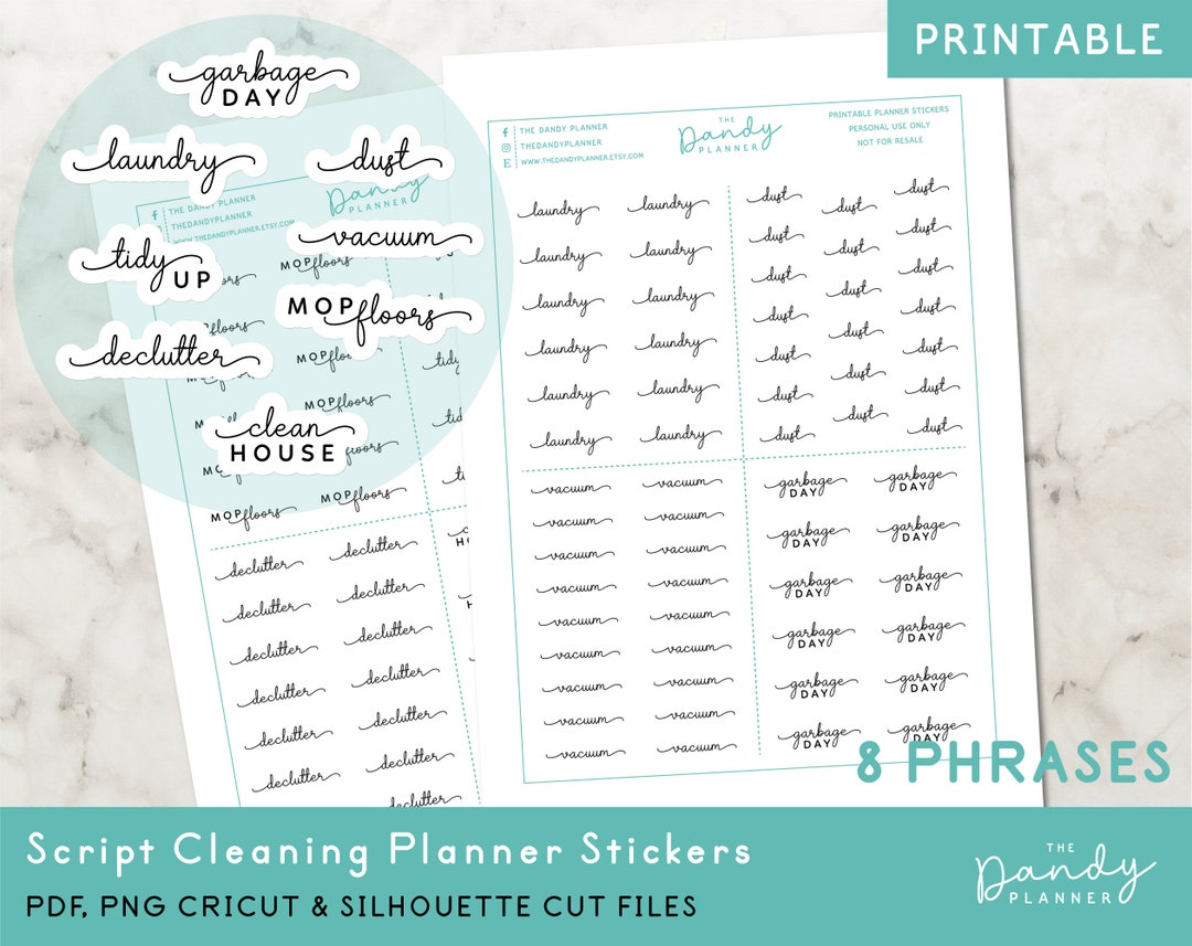 Cleaning Script Planner Stickers: Tidy Up, Laundry, Vacuum (PDF, PNG ...