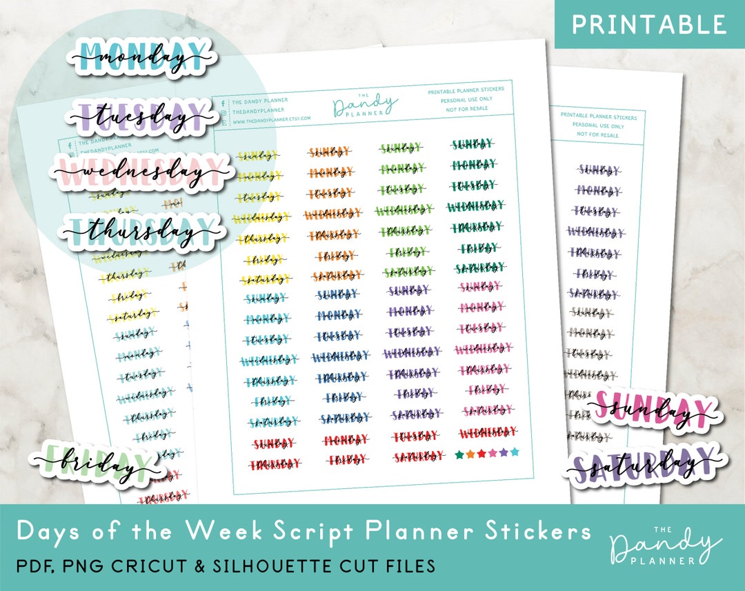 Days of the Week Script Planner Stickers Printable, Pastel Script Days ...