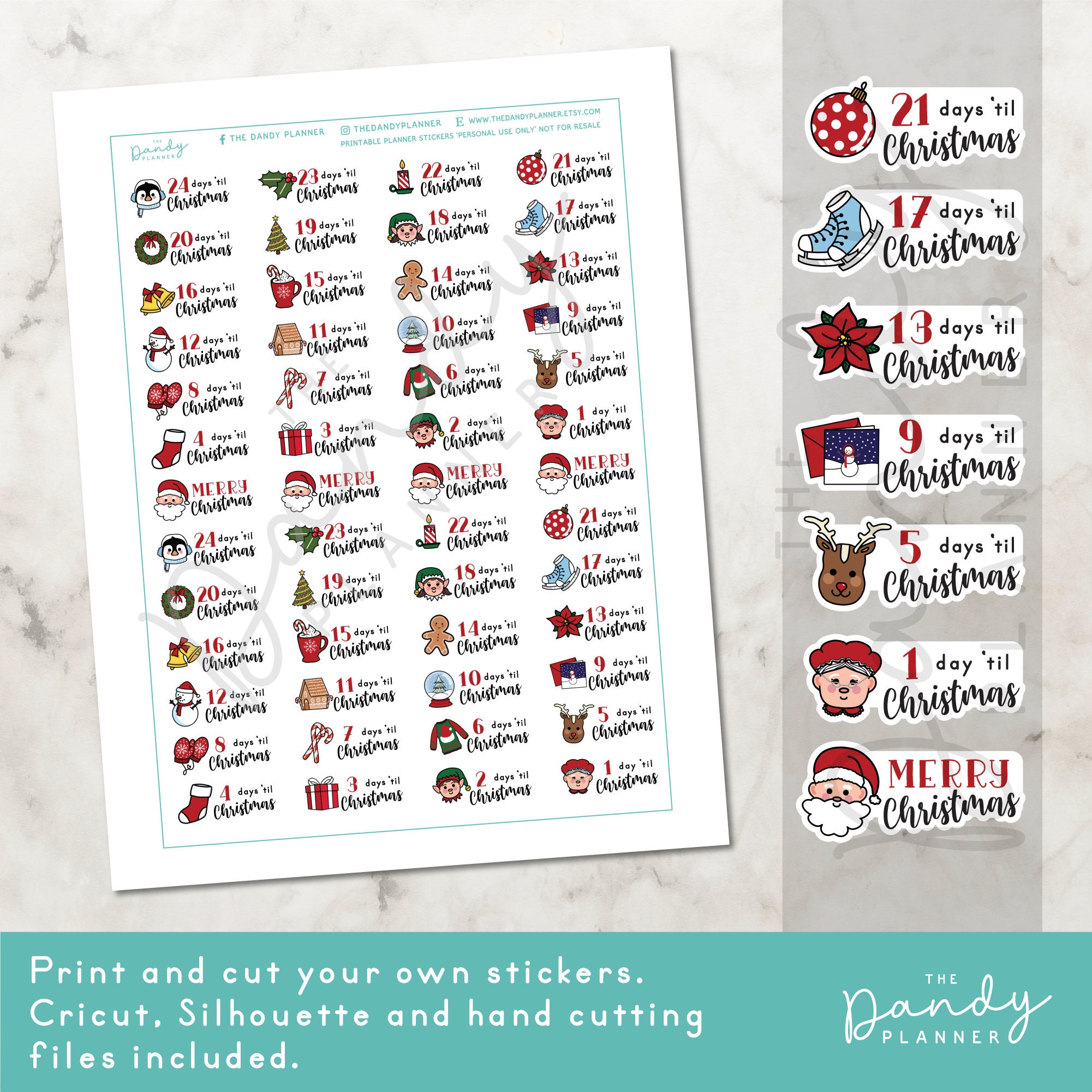 Christmas Countdown Doodle Icons Planner Stickers Printable, Christmas ...