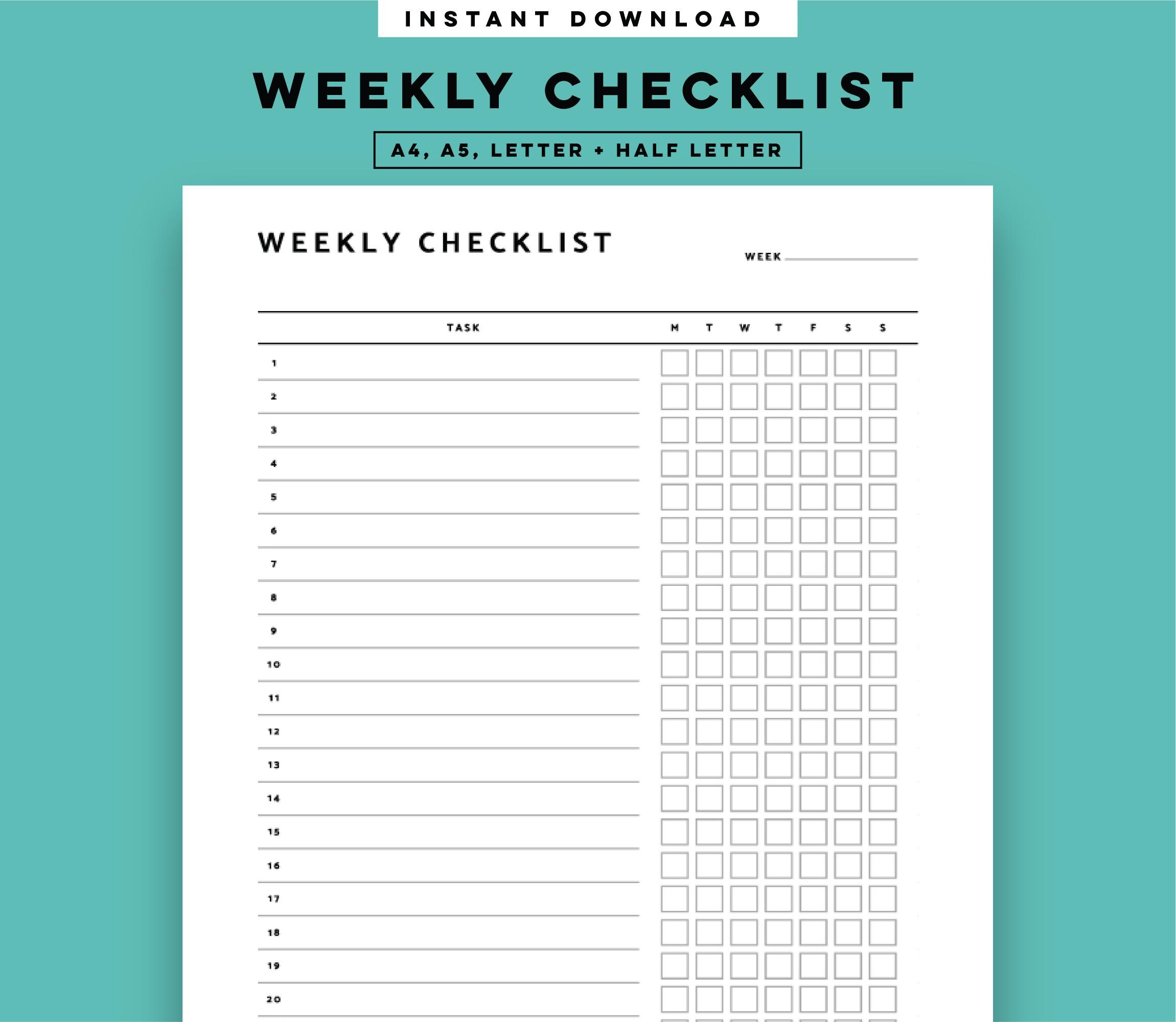 Weekly Checklist Planner Printable: A4, A5, Letter Sizes (PDF ...