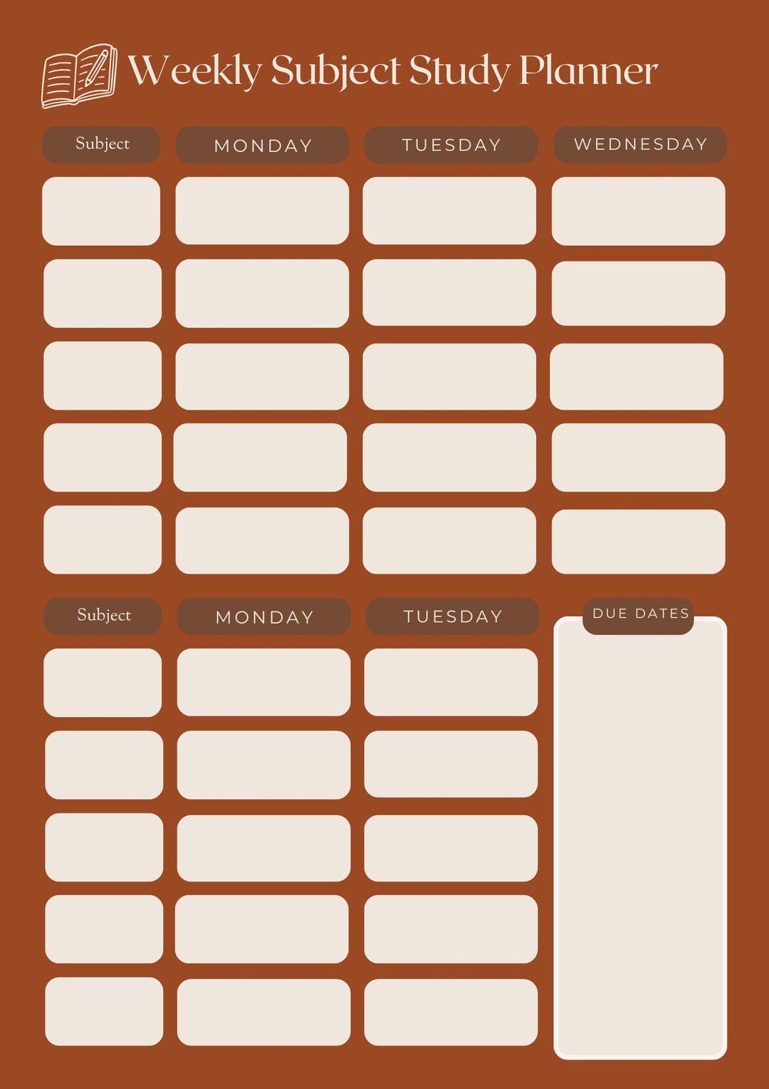5 Subject Weekly Study Planner - Etsy