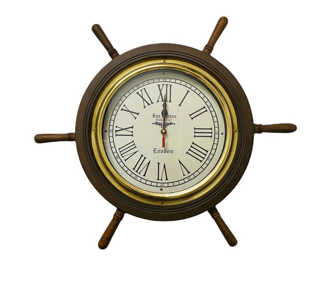 18'' Wooden Wheel Wall Clock, Brass Ship Wheel Clock, Housewarming ...