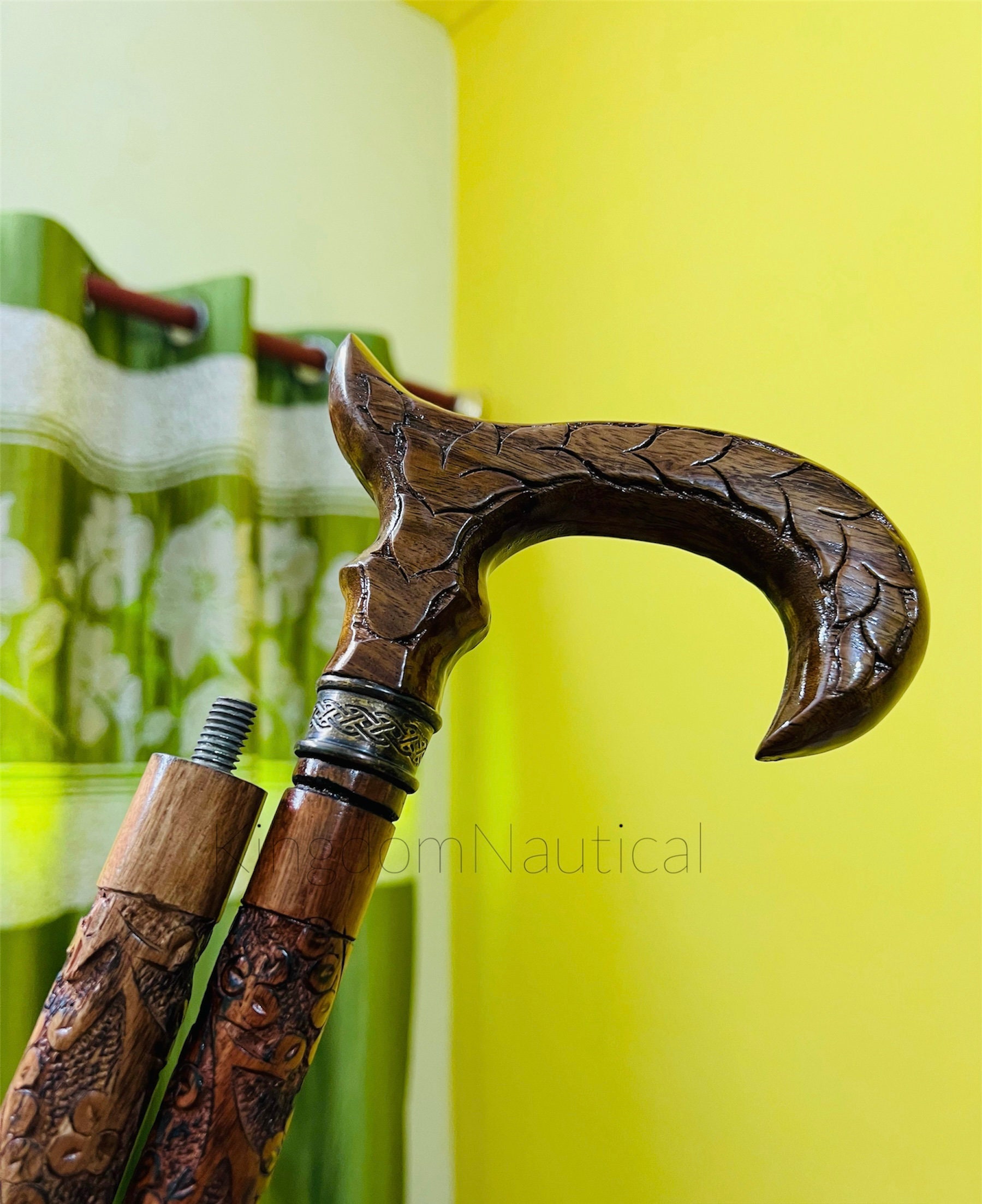 Wooden Engraved Stick Canes, Wooden Walking Stick, Two Fold Walking ...