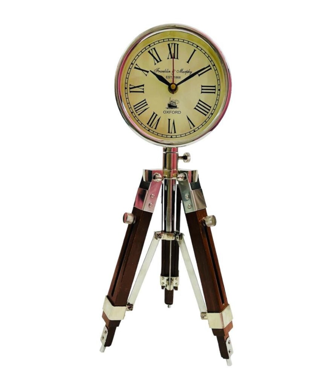 Desk Clock Chrome Finish With Adjustable Wooden Tripod Handcrafted for ...