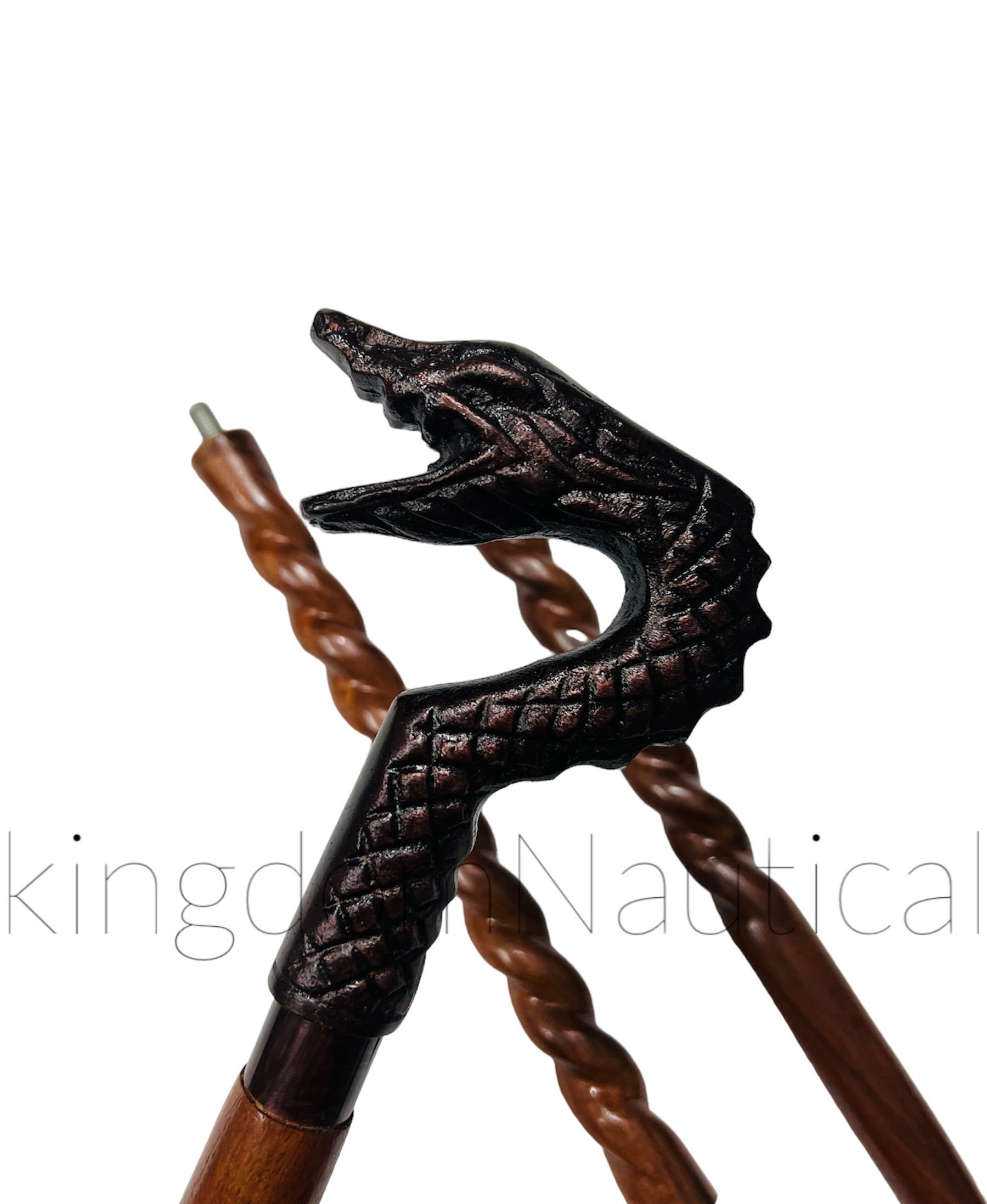 Dragon Handle Walking Stick: Brass Head, Spiral Wooden Cane - Etsy